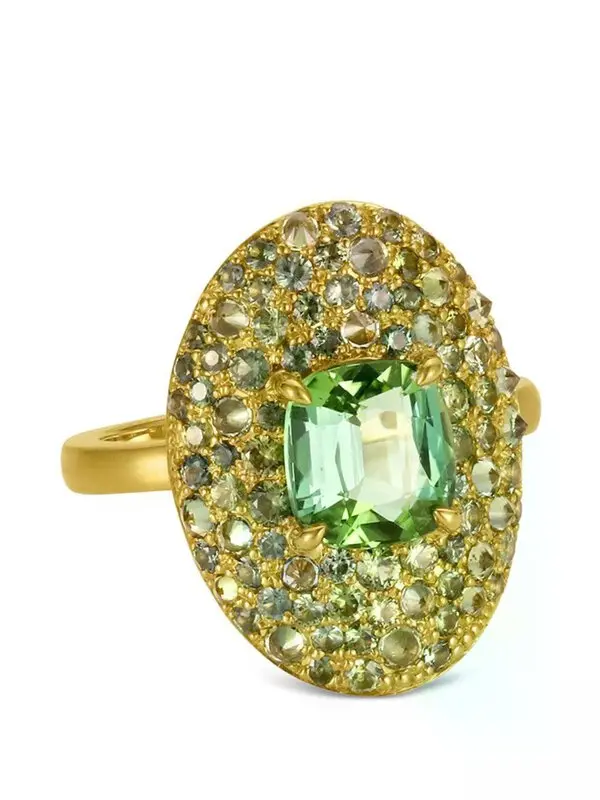LEIGH MAXWELL Green Tourmaline And Sapphire Shield Ring In 18k Yellow - Gold