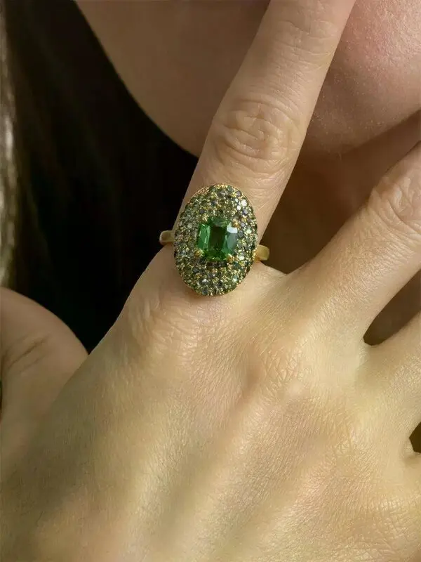 LEIGH MAXWELL Green Tourmaline And Sapphire Shield Ring In 18k Yellow