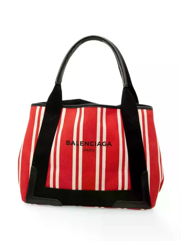 Balenciaga 2017 Canvas Striped Navy Cabas S Tote Bag - Red