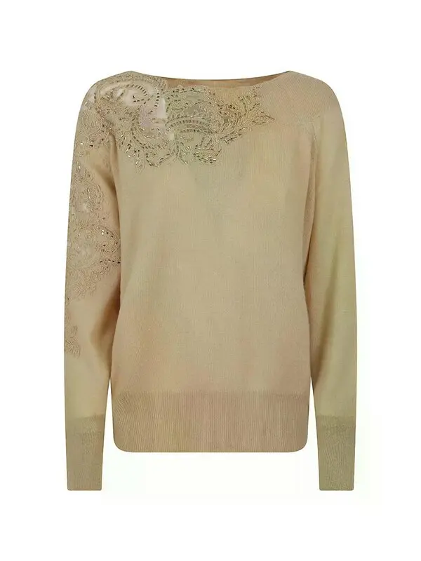 Ermanno Scervino Lace & Crystal Embellished Boat Neck Sweater