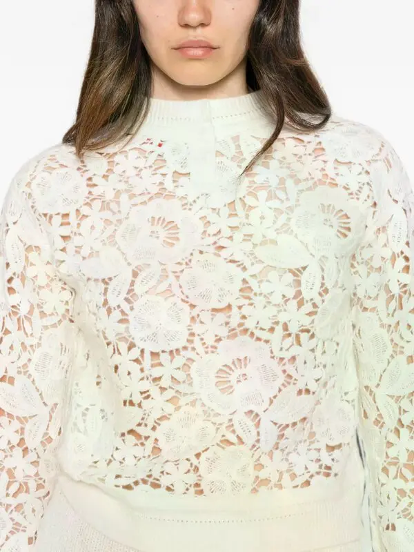 ERMANNO FIRENZE Ecru Wool Floral Lace High Neck Sweater