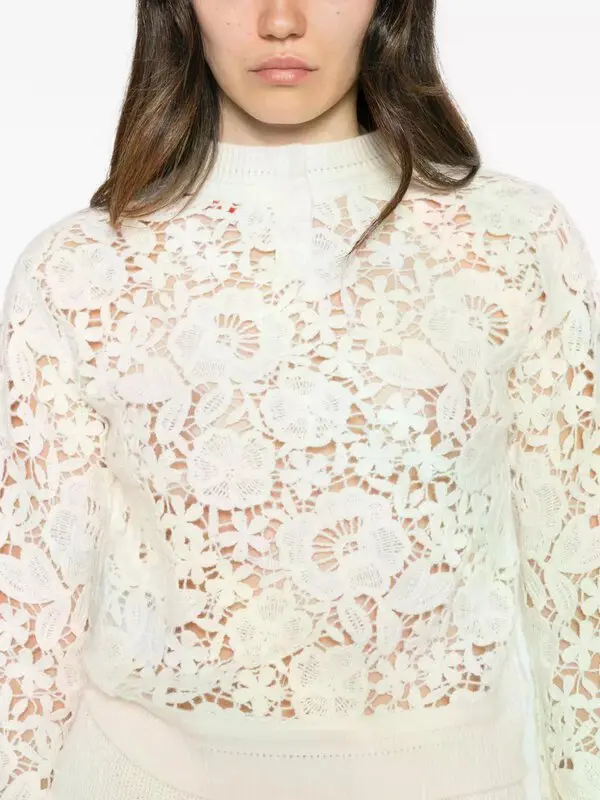 ERMANNO FIRENZE Ecru Wool Floral Lace High Neck Sweater