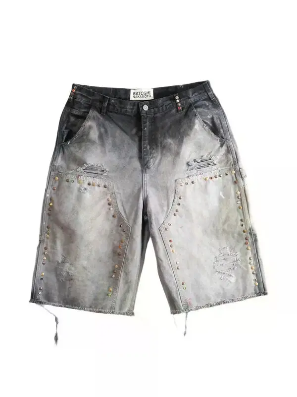 SATOSHI NAKAMOTO Carpenter Stud-embellished Distressed Shorts