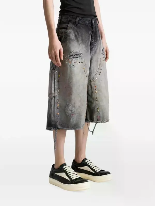 SATOSHI NAKAMOTO Carpenter Stud-embellished Distressed Shorts