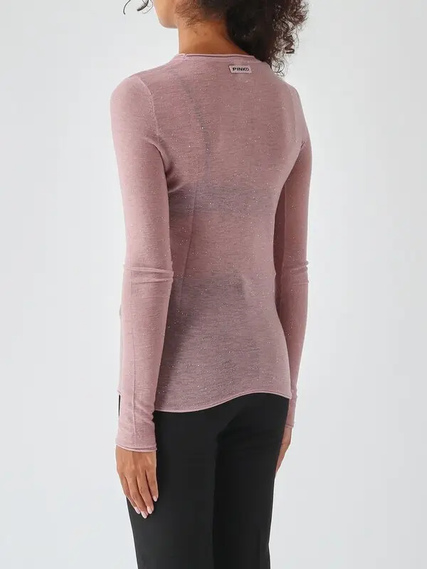 Pinko Slim Fit Sequin Embroidered Wool Blend Crewneck Sweater - Pink