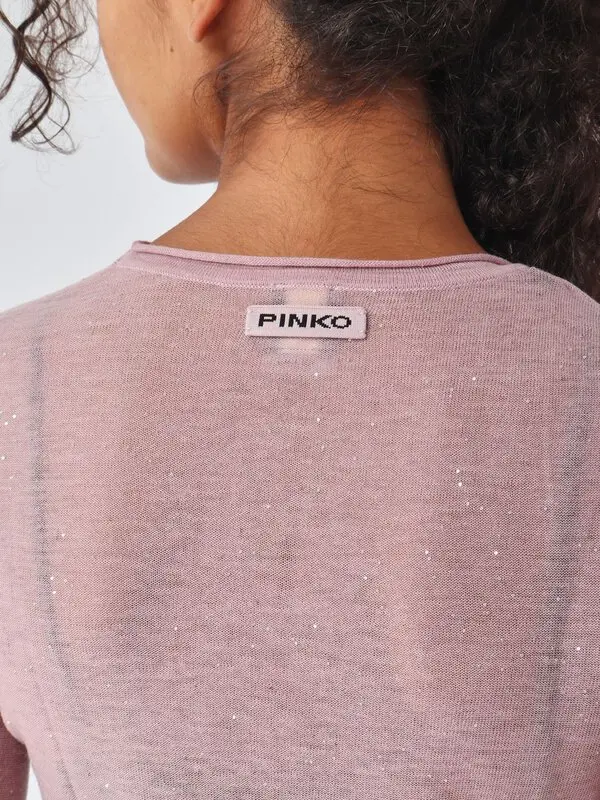 Pinko Slim Fit Sequin Embroidered Wool Blend Crewneck Sweater - Pink