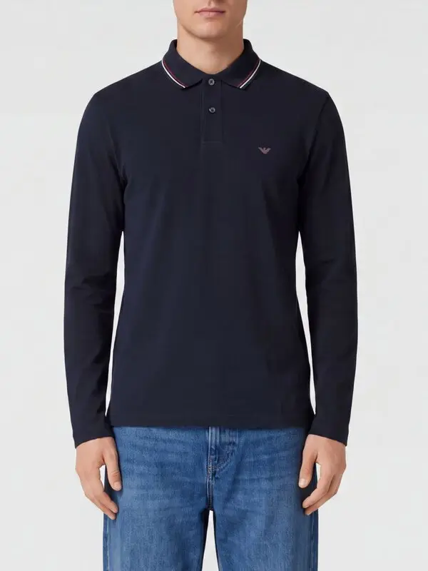 Emporio Armani Slim Fit Long-sleeved Polo Shirt In Stretch Cotton - Blue