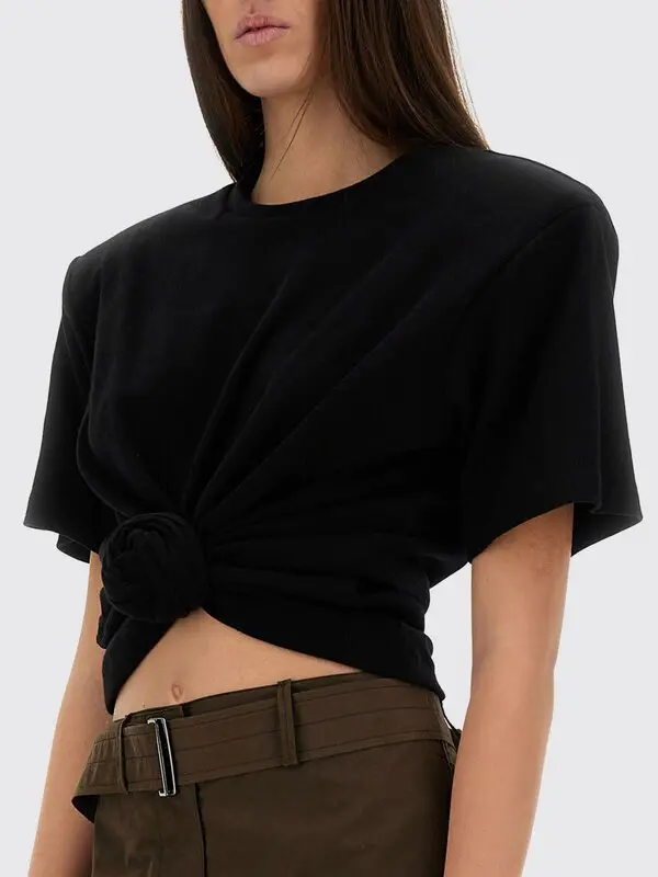 Magda Butrym Stretch-cotton T-shirt With Flower Appliqué And Tie-hem - Black