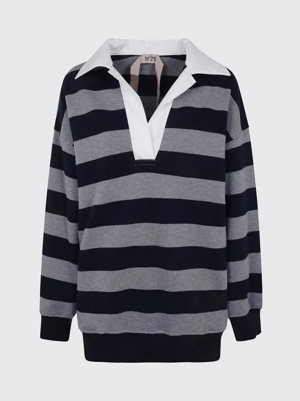 N° 21 Relaxed Fit Striped Long-sleeved Cotton-blend Polo - Grey