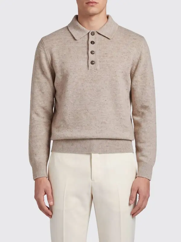 Eleventy Long-sleeved Knitted Wool Polo Shirt With Ribbed Collar