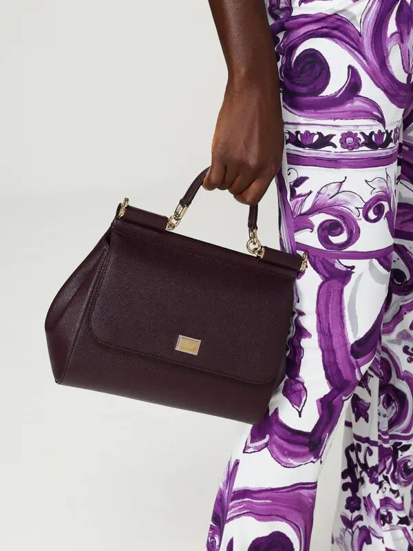 Dolce & Gabbana Sicily Grained Calfskin Leather Handbag With Shoulder Strap - Wine