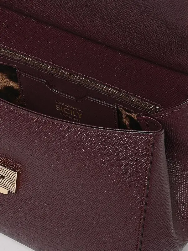 Dolce & Gabbana Sicily Grained Calfskin Leather Handbag With Shoulder Strap - Wine