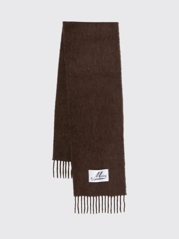 Marni Logo-patch Fringed Alpaca Wool-blend Scarf In A -block Design - Brown