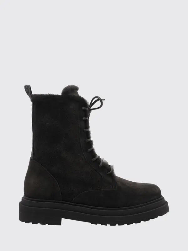 Brunello Cucinelli Lace-up Suede Boots With Fur Trim