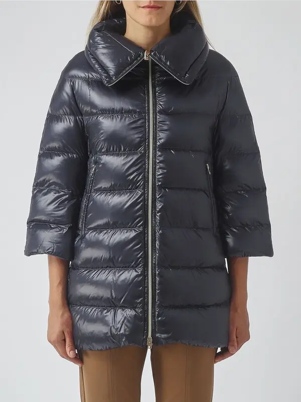 Herno Long Quilted Nylon Puffer Coat With Funnel Neck And Zip Closure - Navy