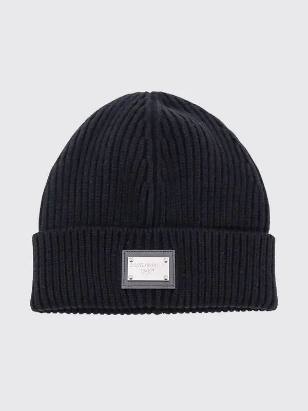 Dolce & Gabbana Ribbed Beanie In Wool And Cashmere Blend With Logo Plaque