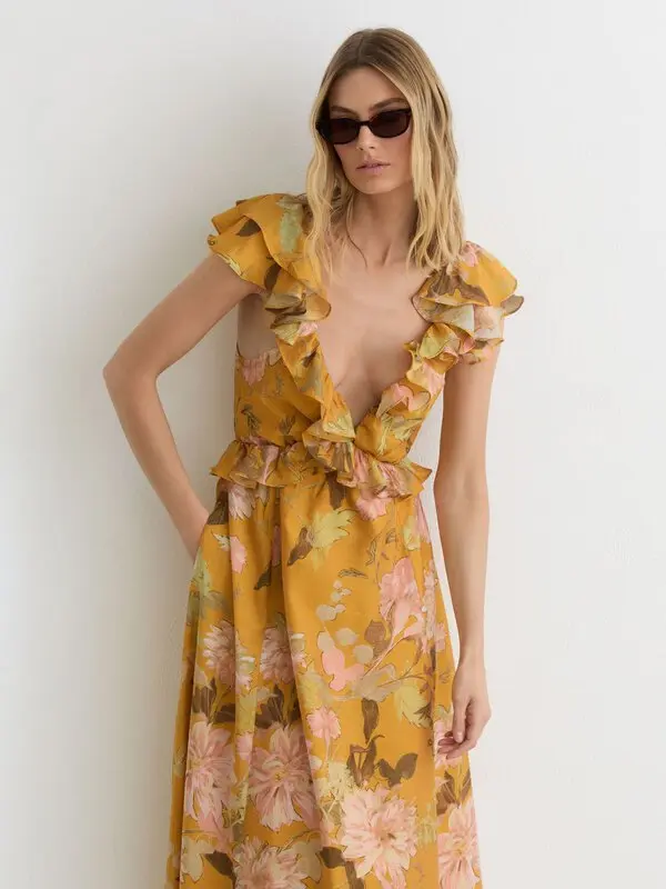 REISS Floral-print Frill-trim Midi Dress - Yellow