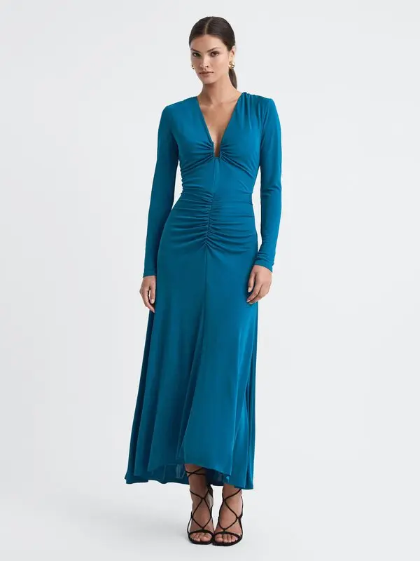 REISS Ruched Plunge Neck Midi Dress - Blue