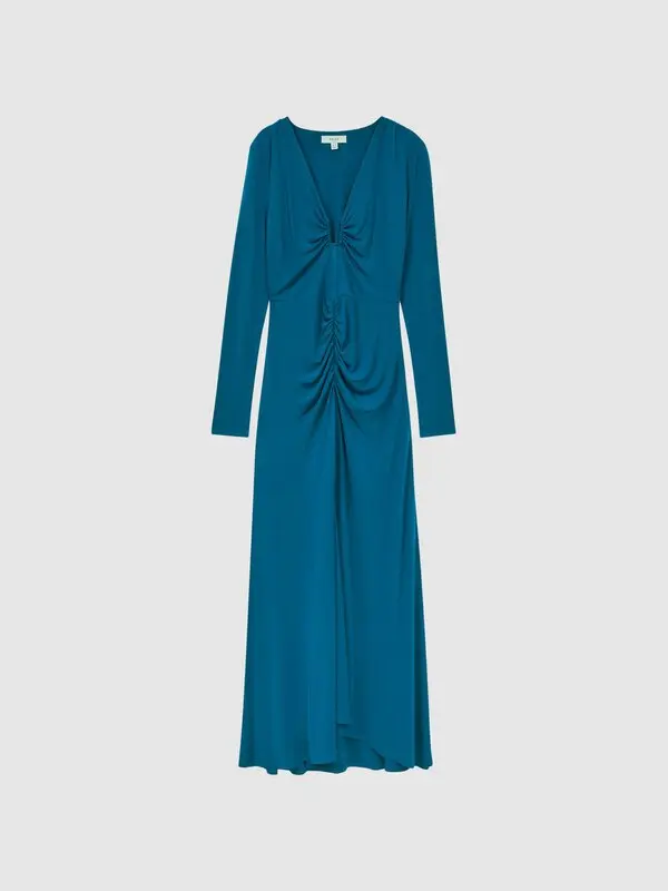 REISS Ruched Plunge Neck Midi Dress
