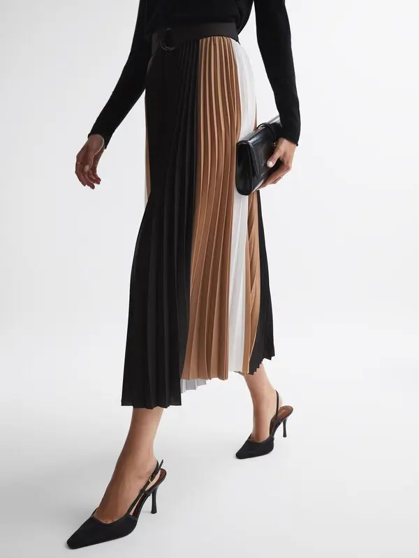 REISS Black & Camel Colourblock Pleated Midi Skirt