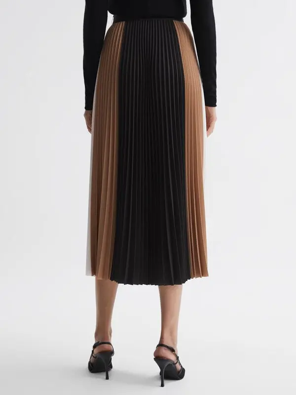 REISS Black & Camel Colourblock Pleated Midi Skirt