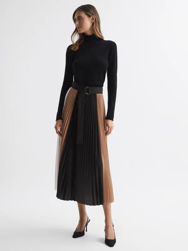 REISS Black & Camel Colourblock Pleated Midi Skirt