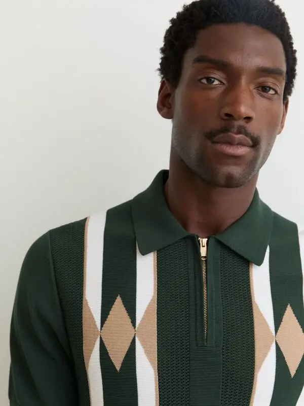 REISS Argyle Half-zip Knitted Polo Shirt