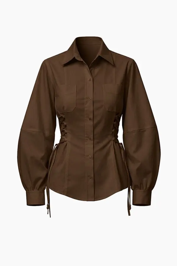 EXQUISE Arcene Fitted Waist Balloon Sleeve Shirt - Brown