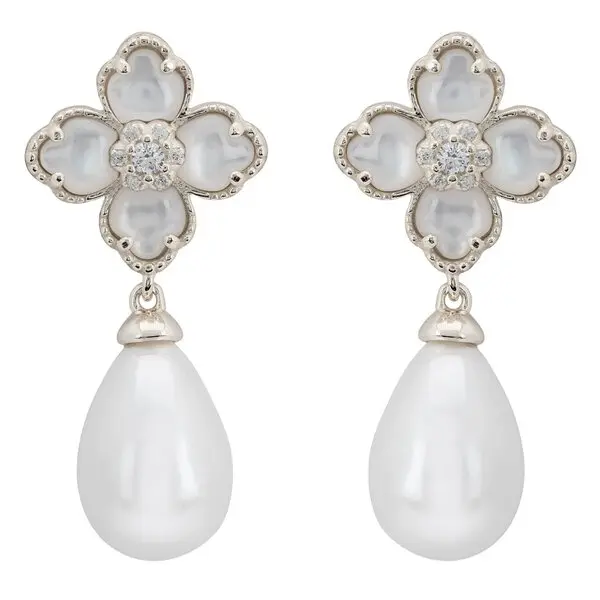 LATELITA White / Silver Flower Clover Pearl Drop Earrings Mother Of Pearl Silver - White/silver