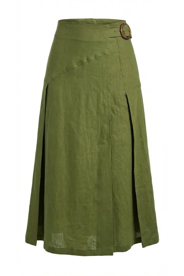 EXQUISE Burnice Buckle Detail Linen Midi Skirt Khaki - Green