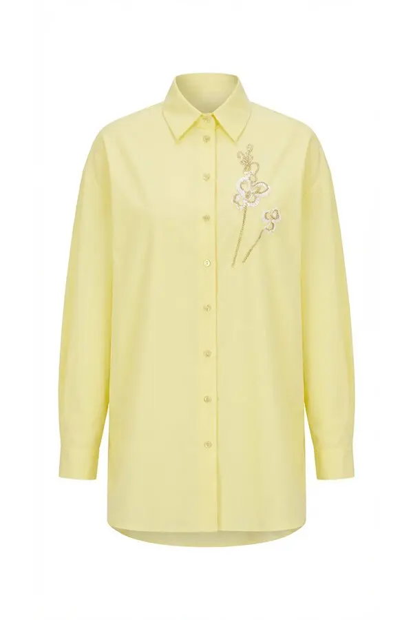 EXQUISE Bernetta Shirt Collar Long Sleeve Embroidered Shirt Light - Yellow