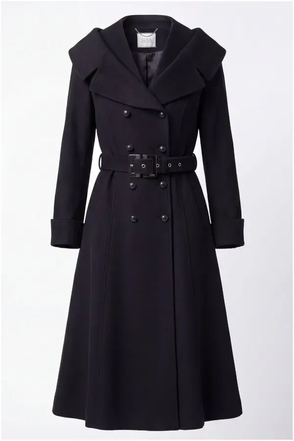LUNA FASHION HOUSE Wool Wrap Coat With Notched Lapel And Belted Waist - Black