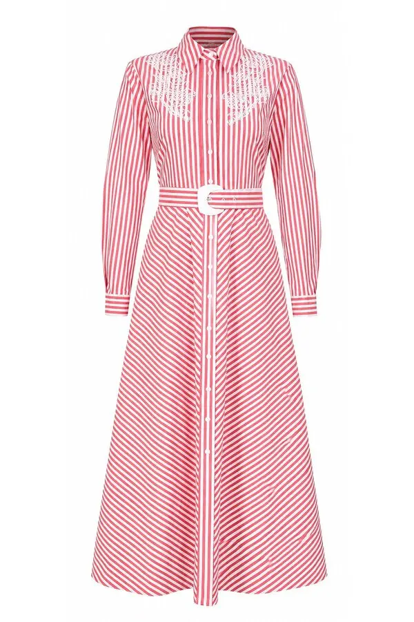 EXQUISE Pink / Red Embroidered Collared Midi Dress With Belt & Long Sleeves Red White - Pink/red