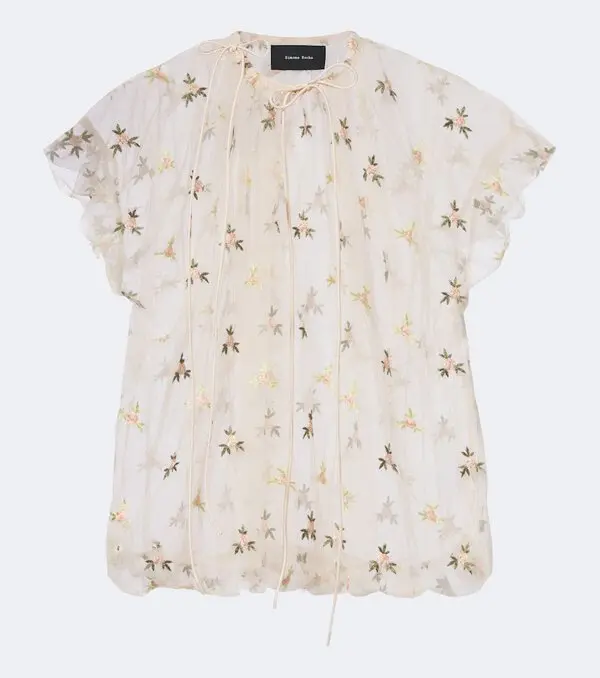 Simone Rocha Embroidered Gathered Tulle Top - Beige