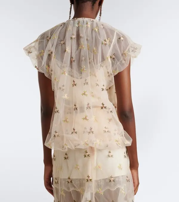 Simone Rocha Embroidered Gathered Tulle Top