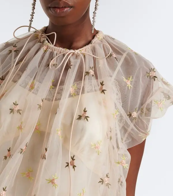 Simone Rocha Embroidered Gathered Tulle Top