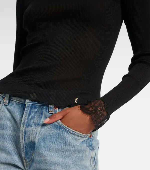 Saint Laurent Lace-trimmed Ribbed-knit Silk Top