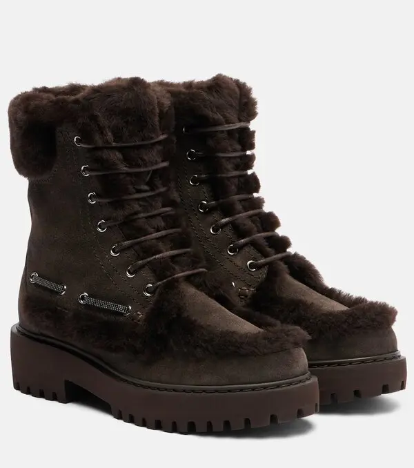 Brunello Cucinelli Monili Shearling-trimmed Suede Lace-up Boots - Brown