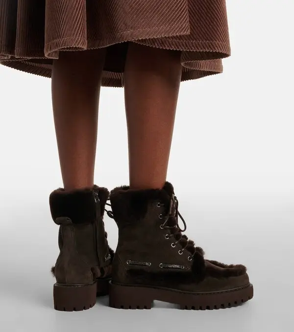 Brunello Cucinelli Monili Shearling-trimmed Suede Lace-up Boots