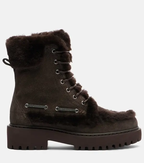 Brunello Cucinelli Monili Shearling-trimmed Suede Lace-up Boots