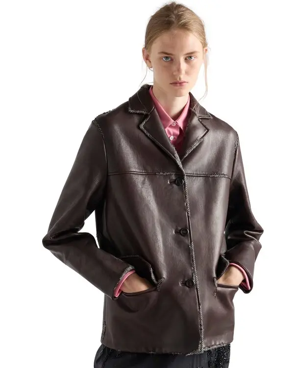 Prada Bonded Nappa Leather And Chevron Shetland Wool Jacket