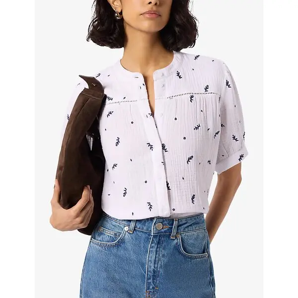 Whistles Frill Floral-embroidered Cotton Top