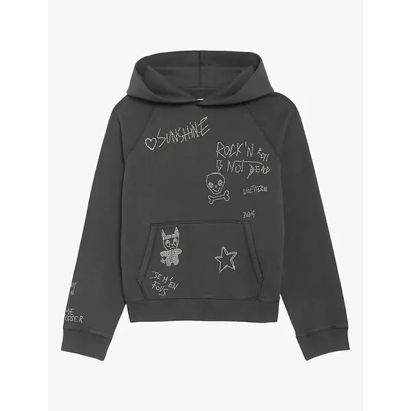 Zadig&Voltaire Georgy Rhinestone-embellished Relaxed-fit Cotton Hoodie - Carbone