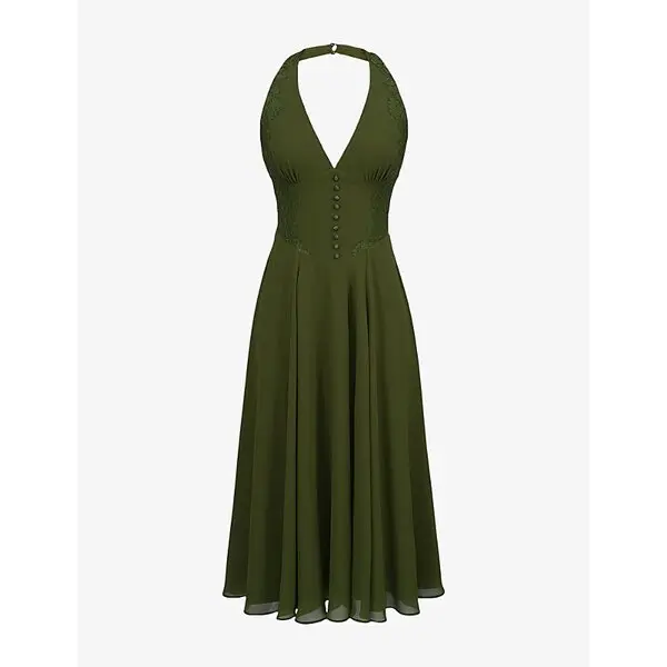 House Of Cb Coco Lace-trim Georgette Midi Dress - Olive