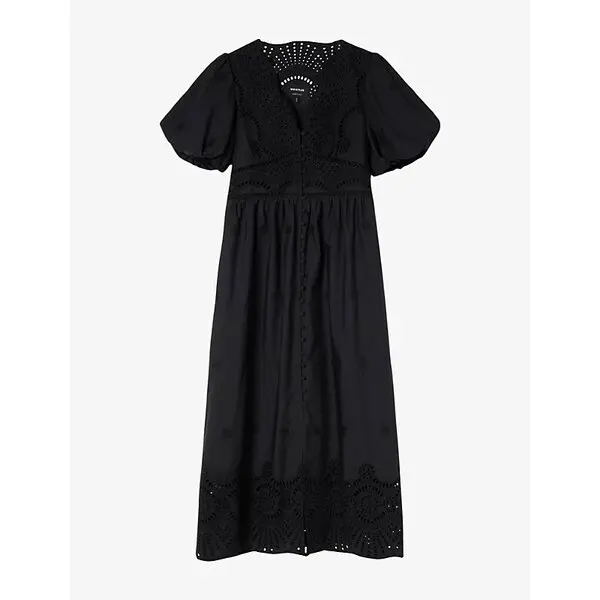 Whistles Broderie V-neck Cotton Midi Dress - Black