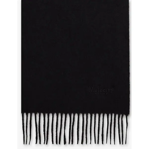 Mulberry Branded Fringed Wool Scarf - Black