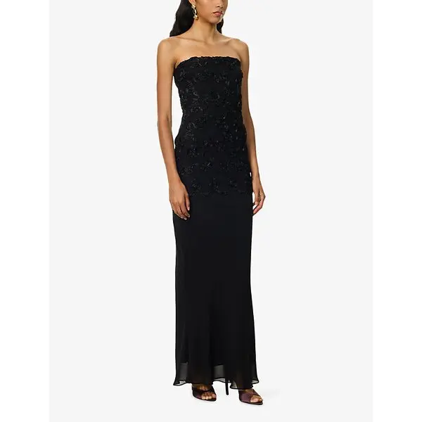 ROTATE BY BIRGER CHRISTENSEN Flower-embroidered Strapless Mesh Maxi Dress