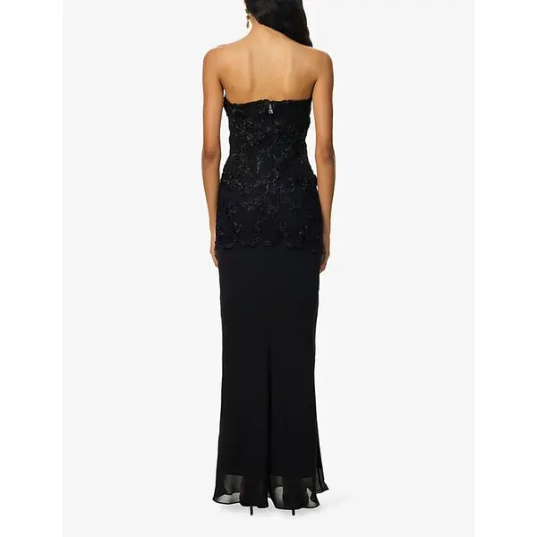 ROTATE BY BIRGER CHRISTENSEN Flower-embroidered Strapless Mesh Maxi Dress