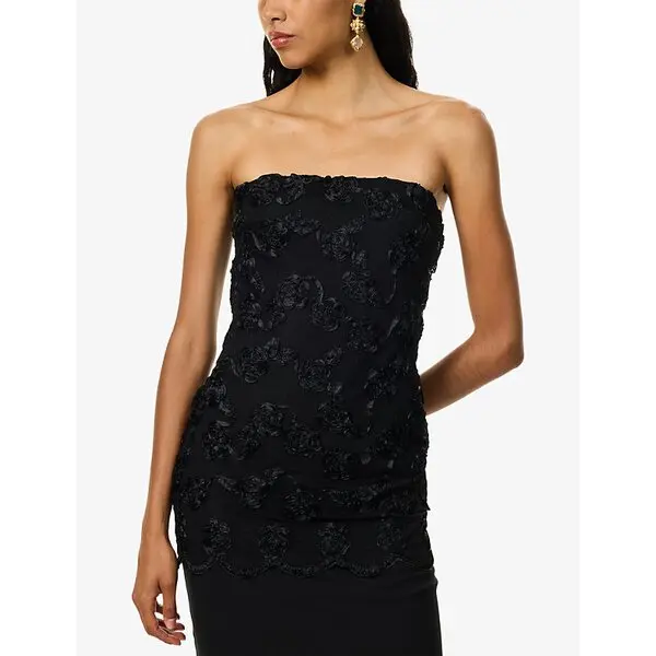 ROTATE BY BIRGER CHRISTENSEN Flower-embroidered Strapless Mesh Maxi Dress