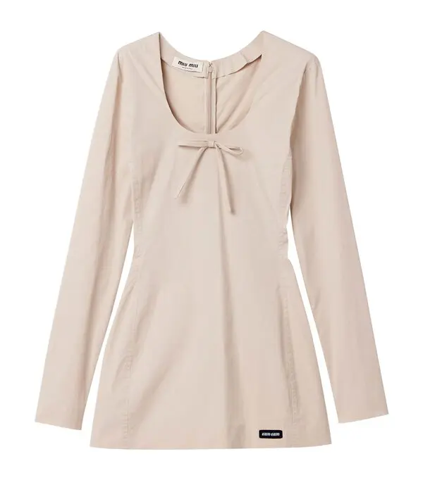 Miu Miu Cotton Poplin Bow Mini Dress - Neutral
